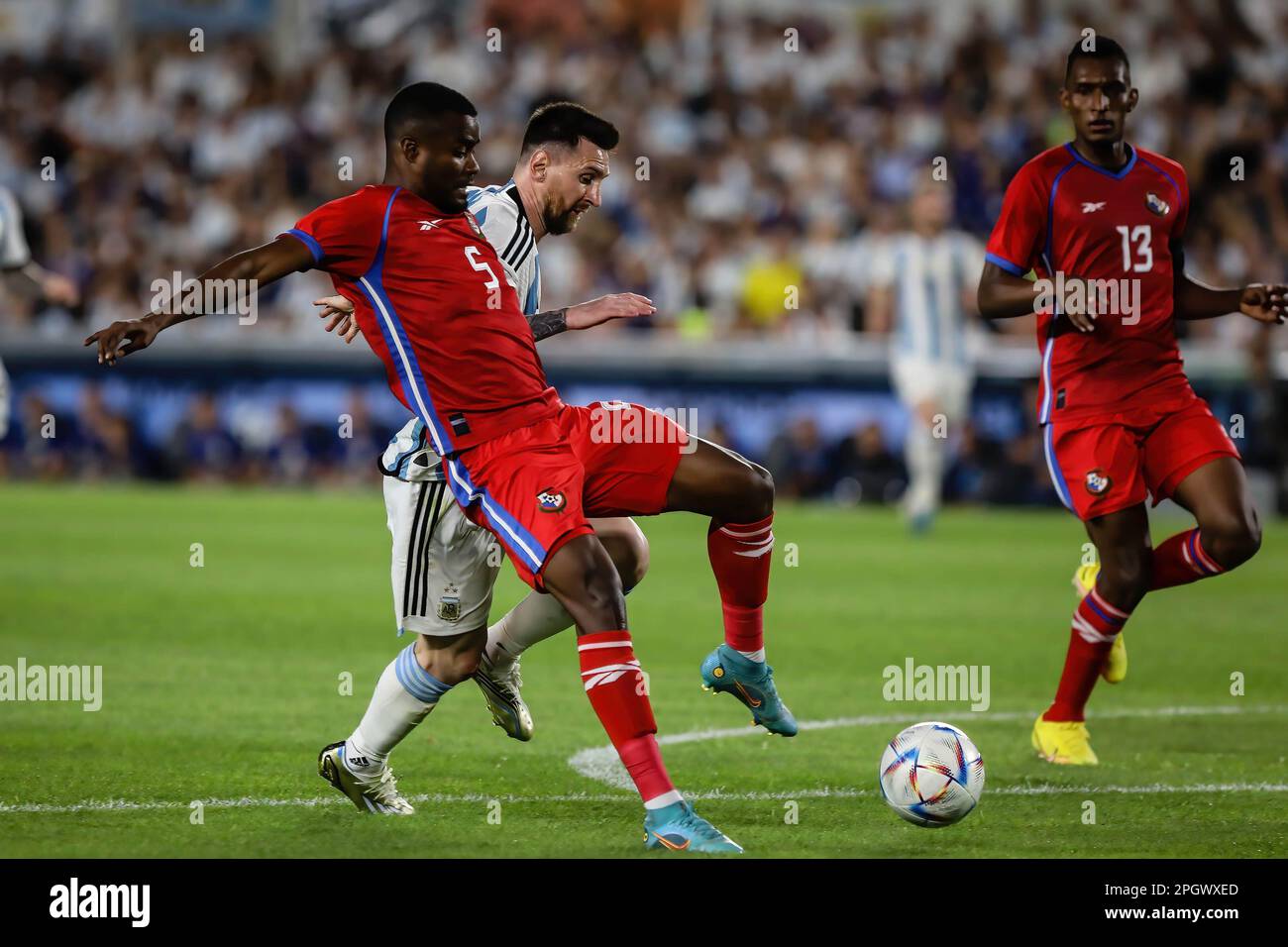 Lionel Messi of Argentina and Richard Peralta of Panama seen in action ...