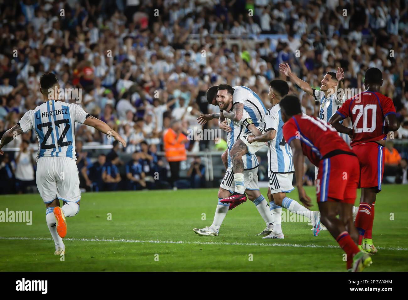 Lionel Messi of Argentina and his teammates celebrate during the match ...