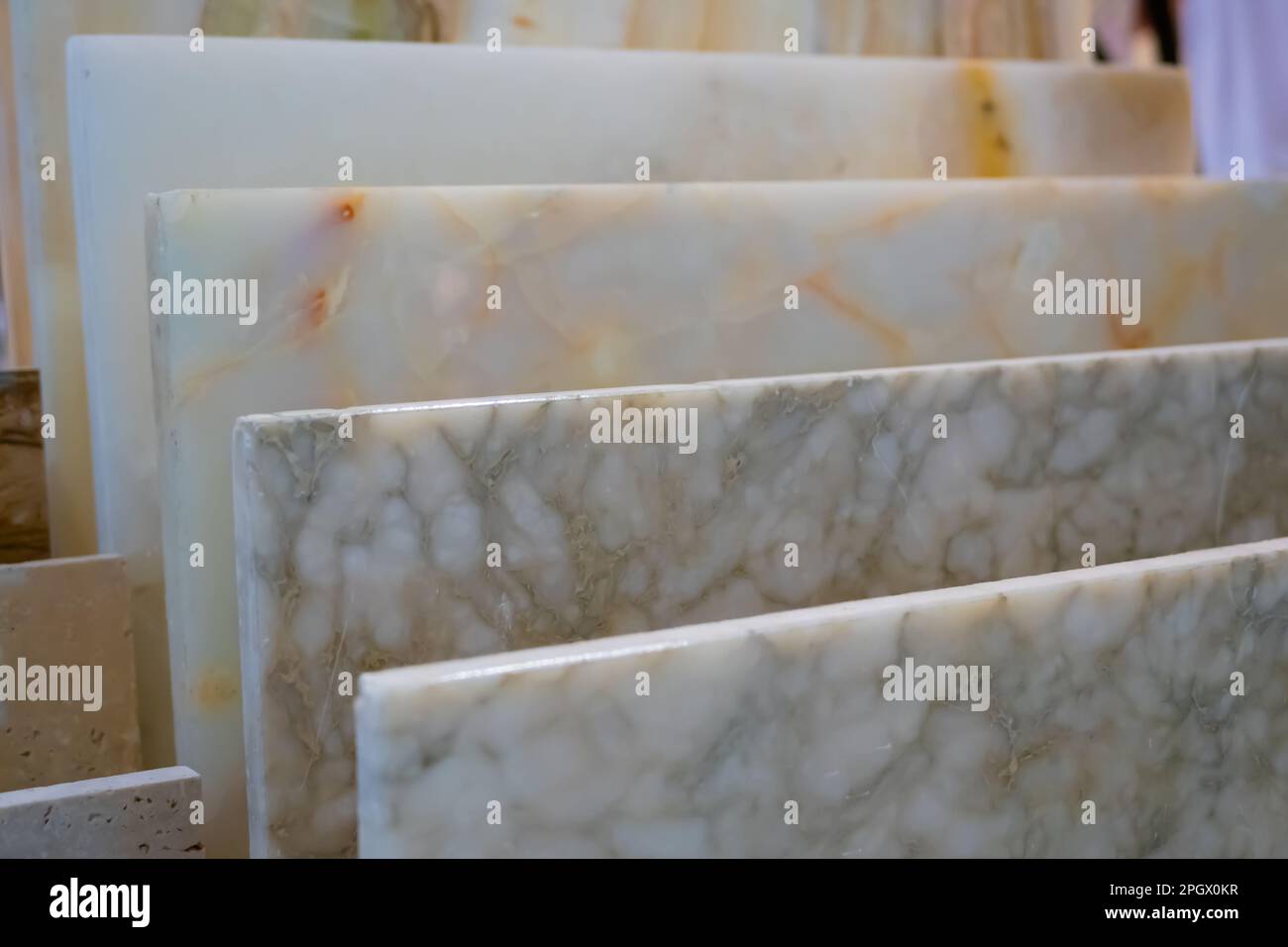 Colorful marble stone slabs on counter for sale at hardware store Stock ...