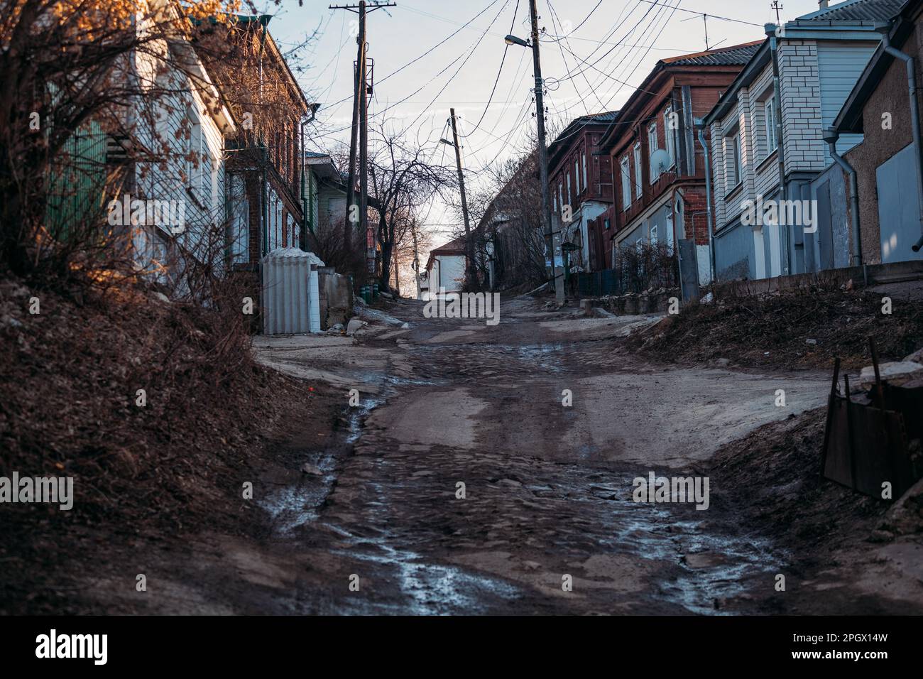 Old houses on low-rise street in old poverty part of Voronezh in Russia ...