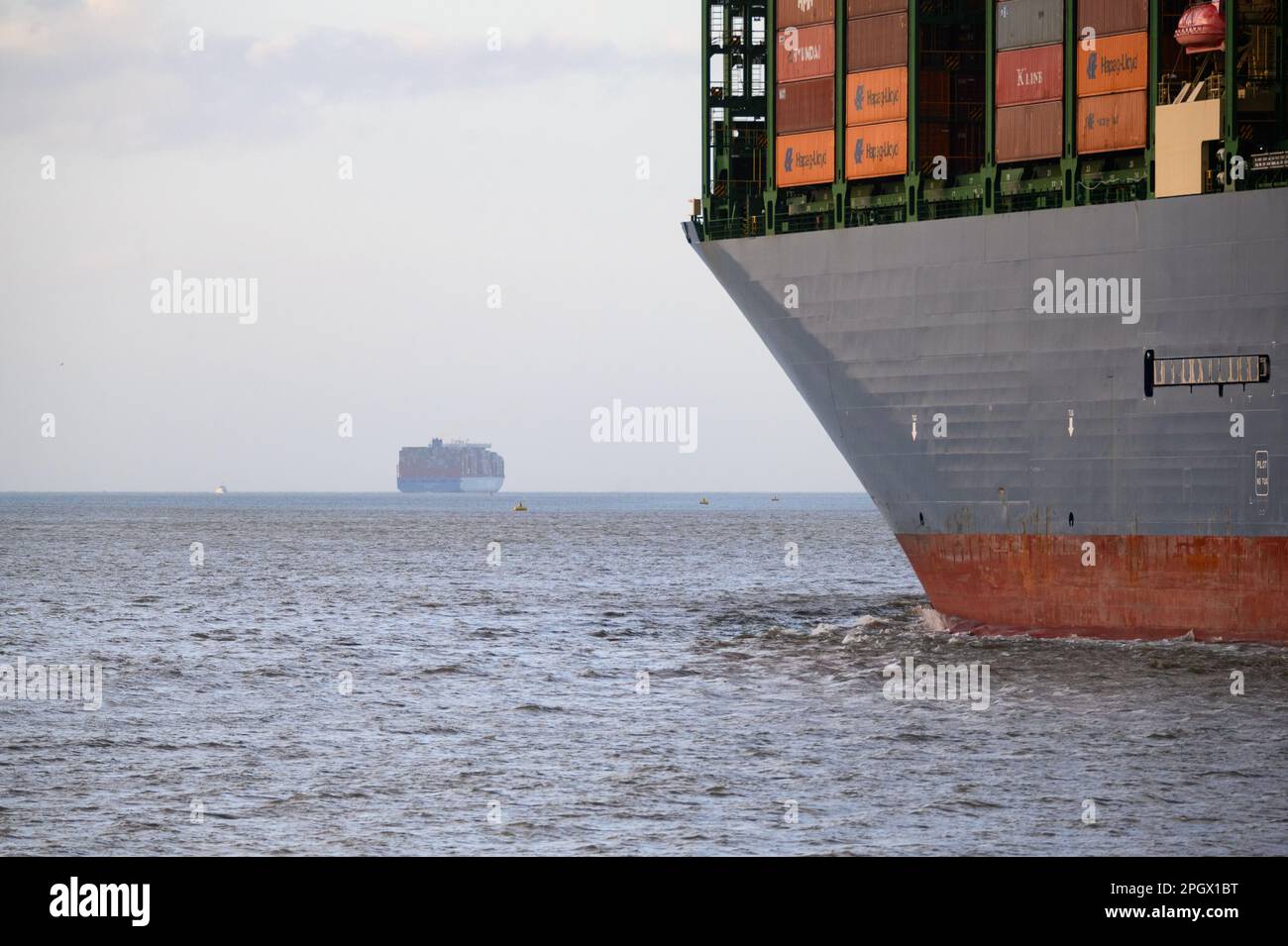 Nordsee, Germany. 24th Mar, 2023. Two container ships are sailing in ...