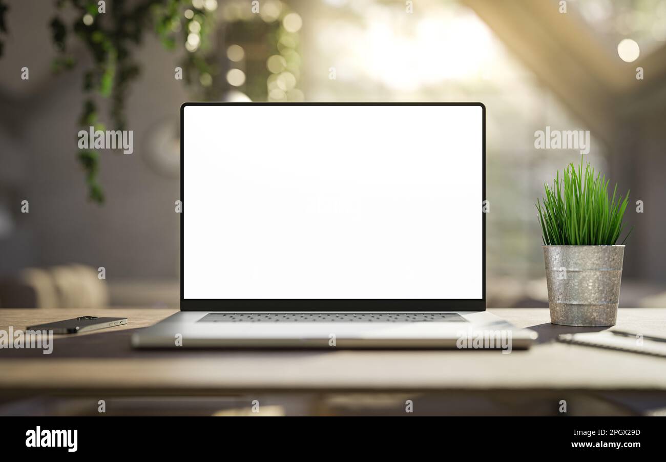 Laptop with blank frameless screen mockup template on the table in ...