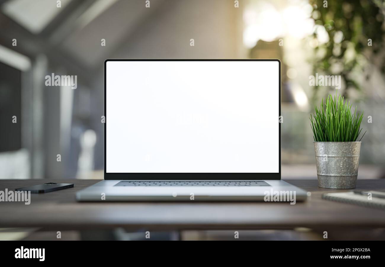Laptop with blank frameless screen mockup template on the table in ...