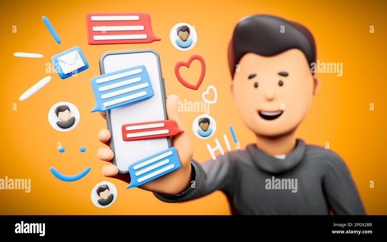 Cartoon guy holding phone with internet chat bubbles popping up ...