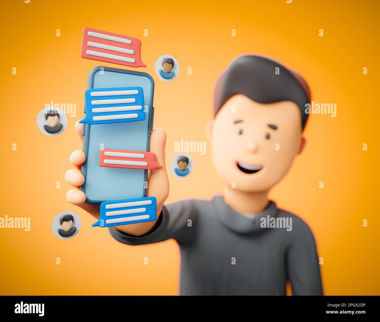 Cartoon guy holding phone with internet chat bubbles popping up ...