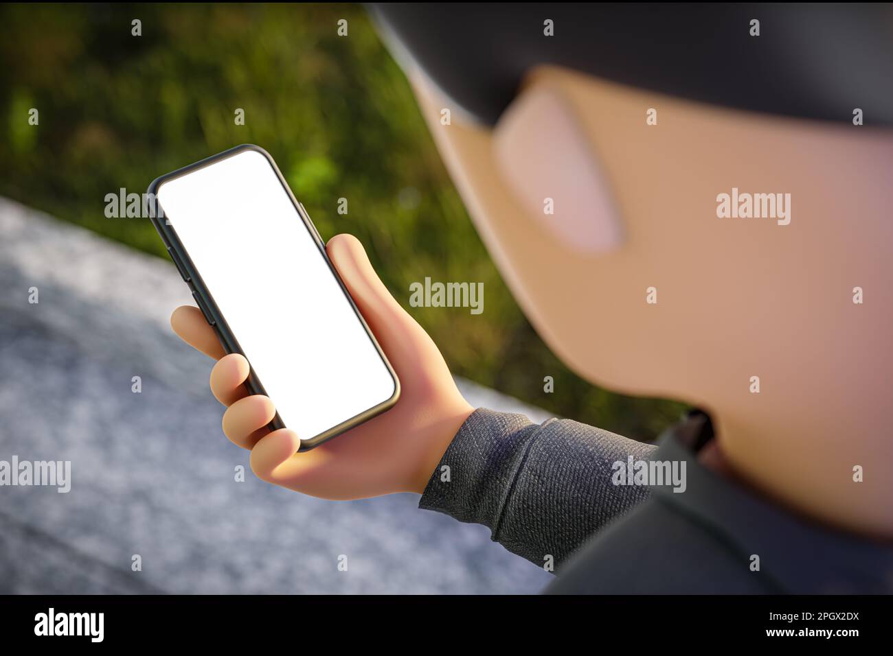 A cartoon man using a smartphone with a blank screen on the pavement ...