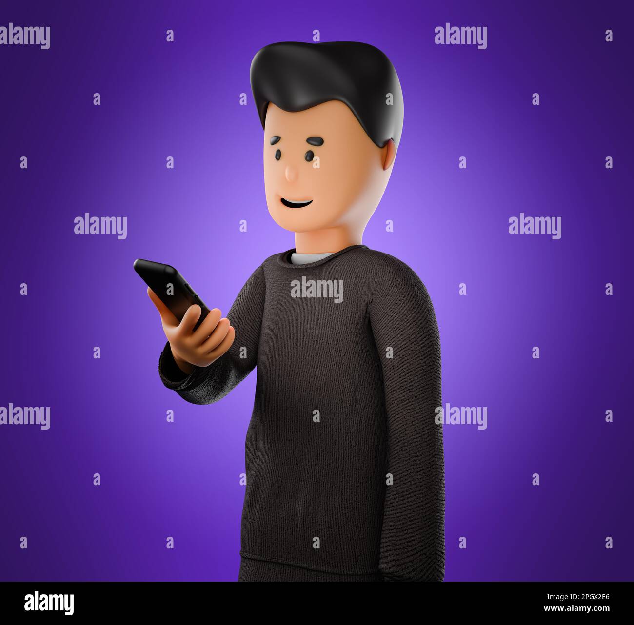 A cartoon man using a smartphone. isolated on violet gradient ...