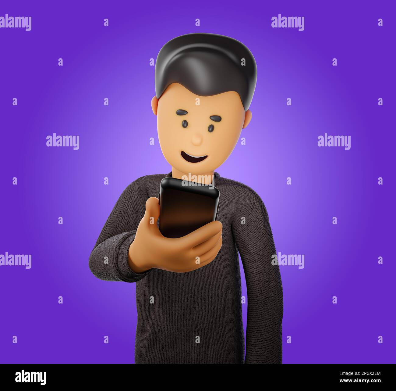 A cartoon man using a smartphone. isolated on violet gradient ...