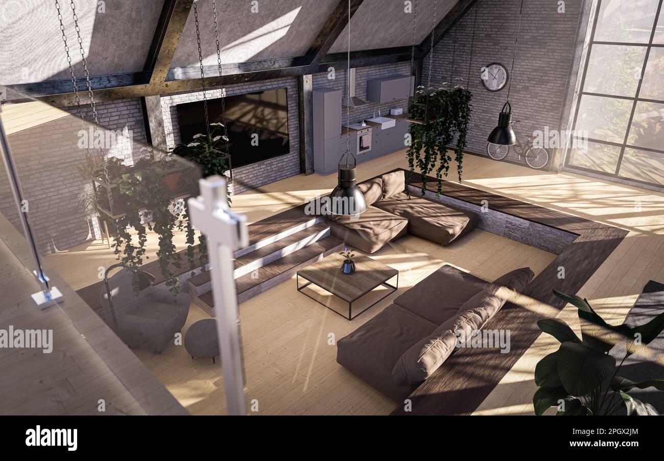 Old ecological factory loft apartment, high ceilings and spaces. View ...