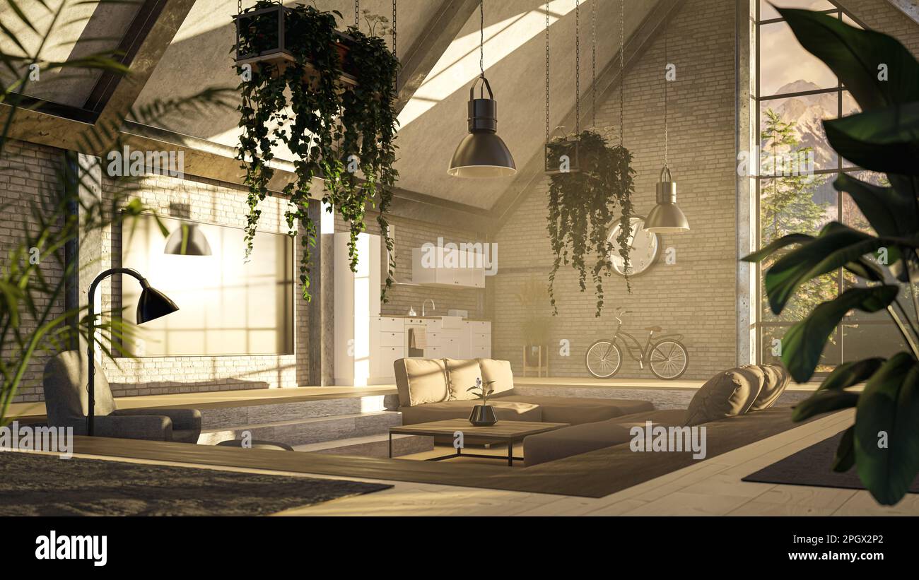 Old ecological factory loft apartment, high ceilings and spaces - 3d ...