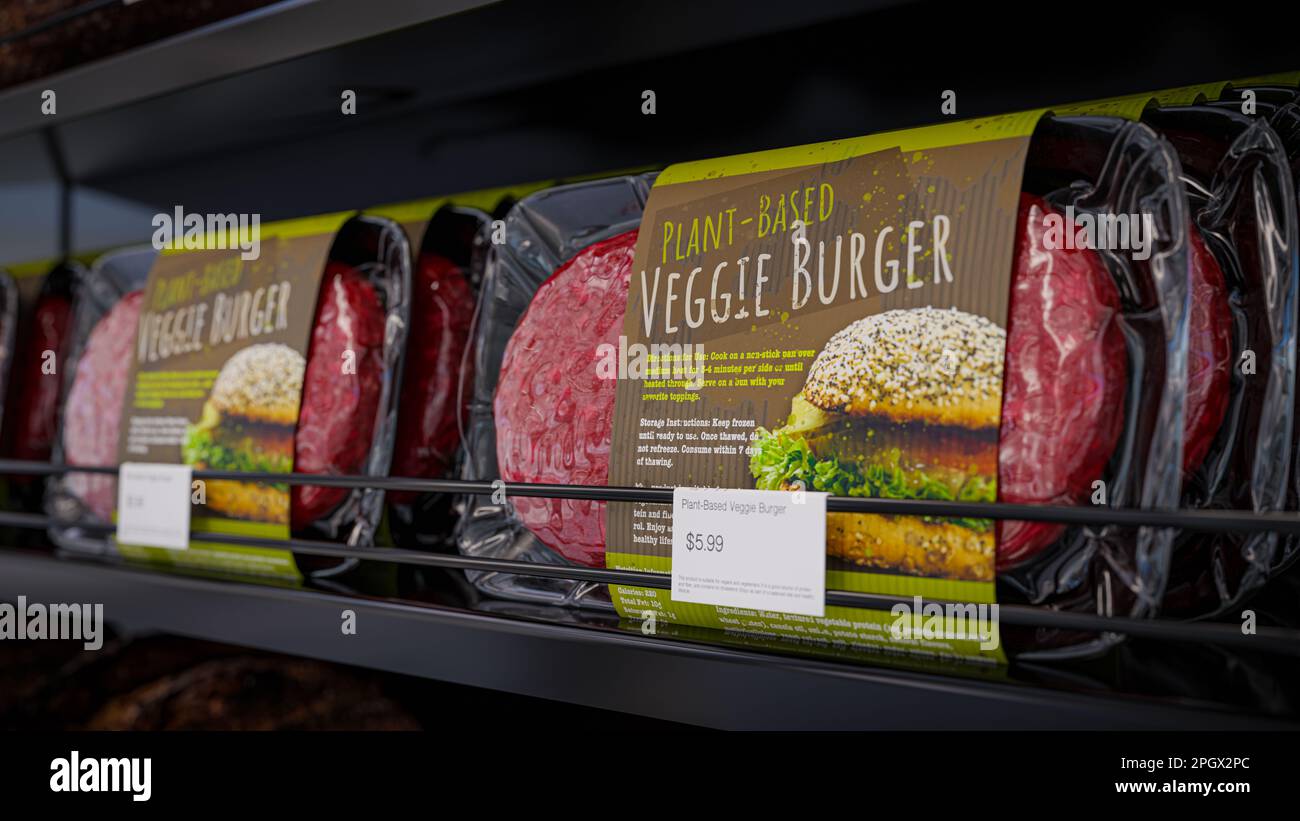 Vegan burger vacuum packed on a store shelf - 3d illustration Stock ...