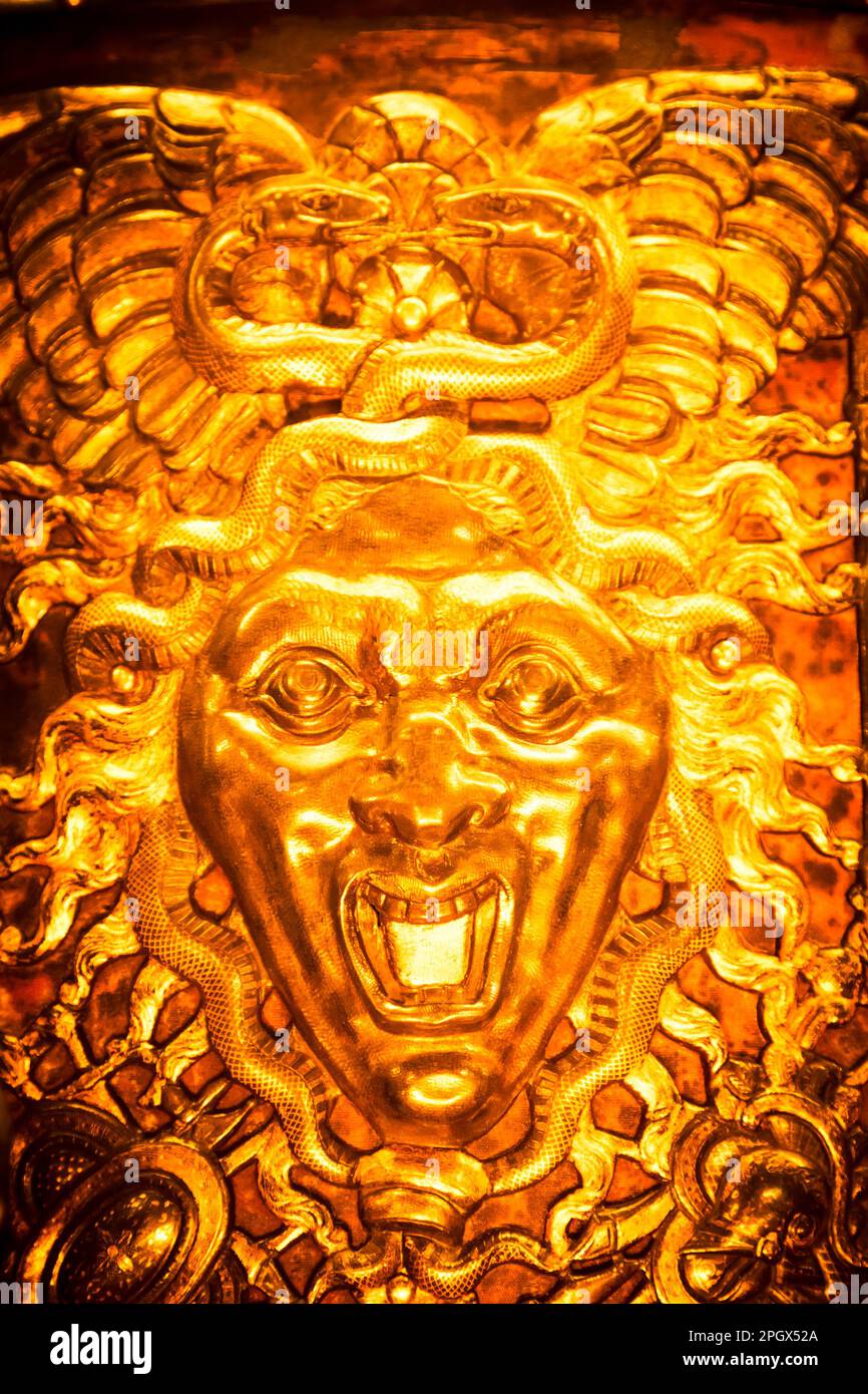 Medusa monster. Face of the Gorgon, gothic symbol of evil with snakes ...