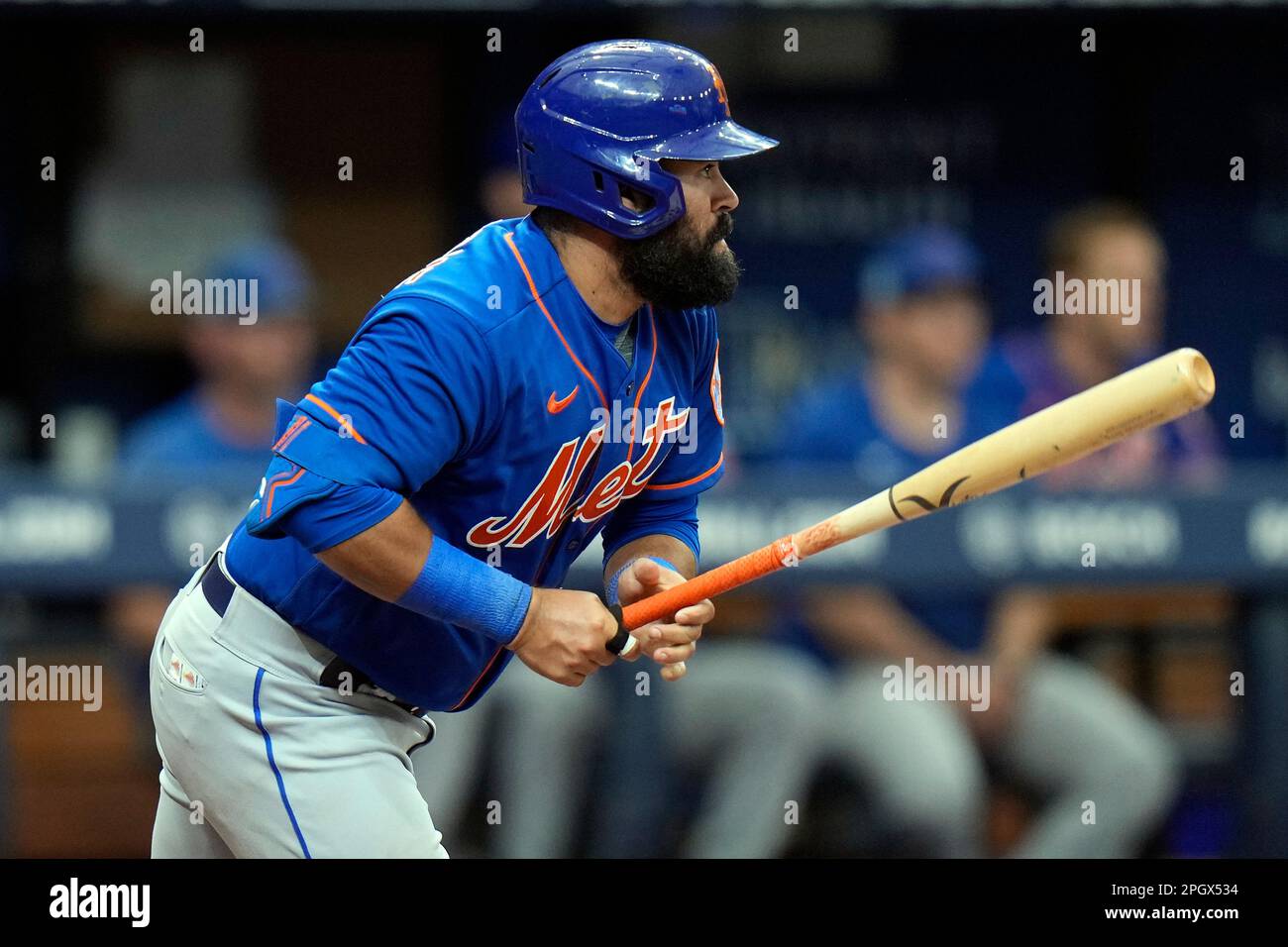 New York Mets' Luis Guillorme lines an RBI single off Tampa Bay Rays ...