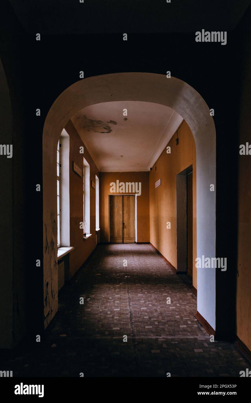 Dark dirty corridor of old abandoned school Stock Photo - Alamy