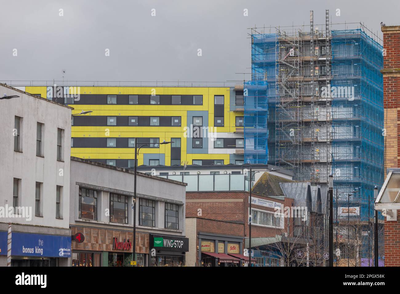 Southend University Campus, cladding being removed, scaffolding ...