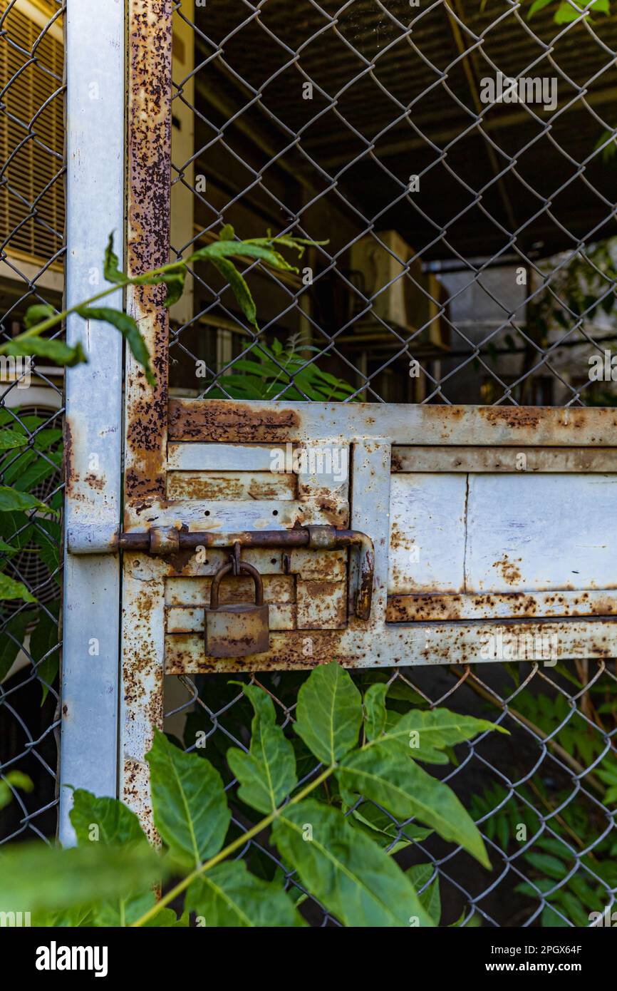 Old rusty gate closed with an old rusty padlock which is surrounded by ...