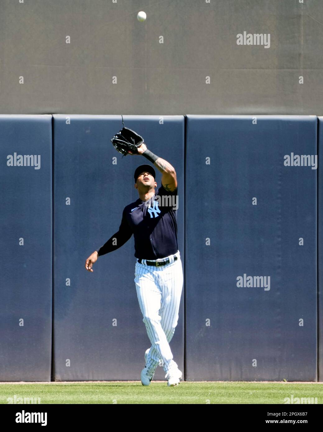 New York Yankees center fielder Aaron Hicks fields a fly ball in the ...