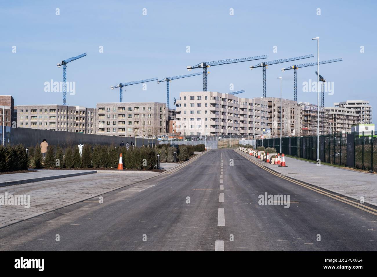 View from empty road towards the new build apartments under ...