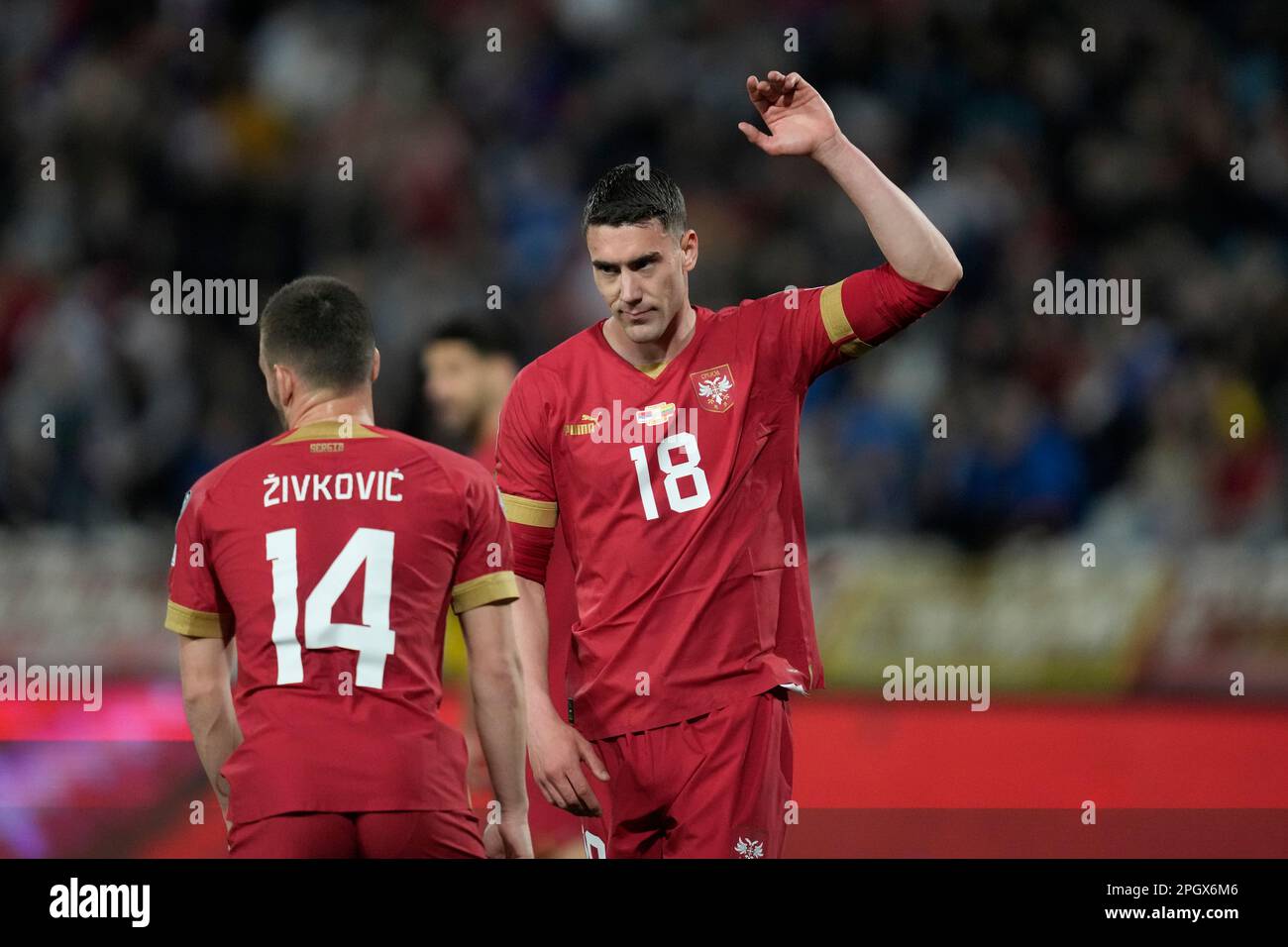 Serbia's Dusan Vlahovic, right, reacts with Serbia's Andrija Zivkovic ...