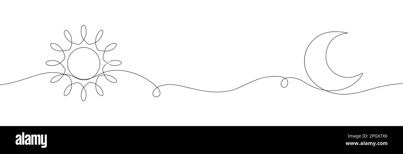 Continuous line suna and moon art. Single line sketch sunny summer ...