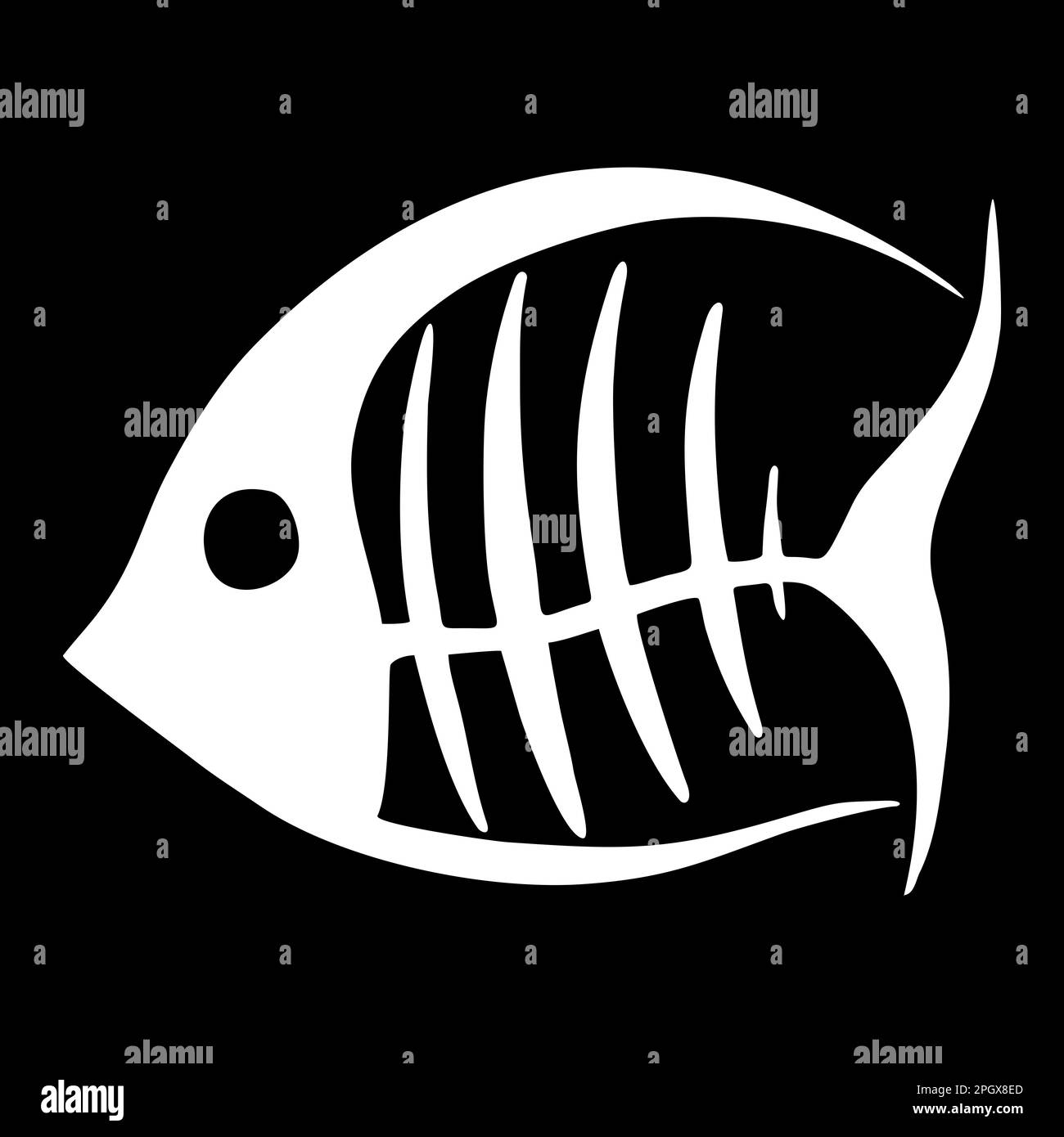 white contour drawing of a fish skeleton on a black background, logo ...