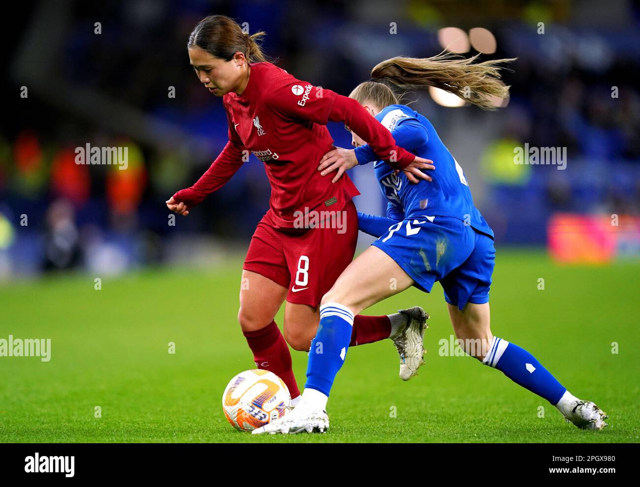 Liverpool's Fuka Nagano (left) and Everton's Jess Park battle for the ...