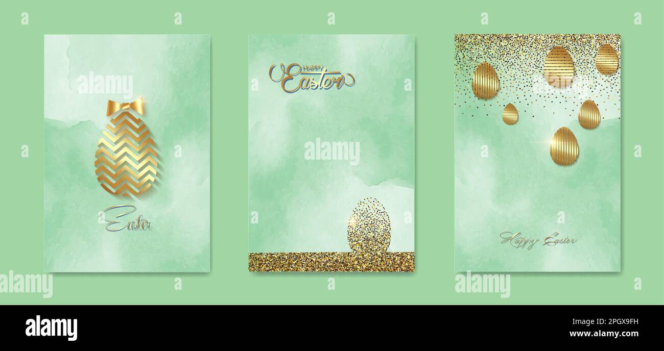 set card Happy Easter gold texture, luxury green watercolor background ...