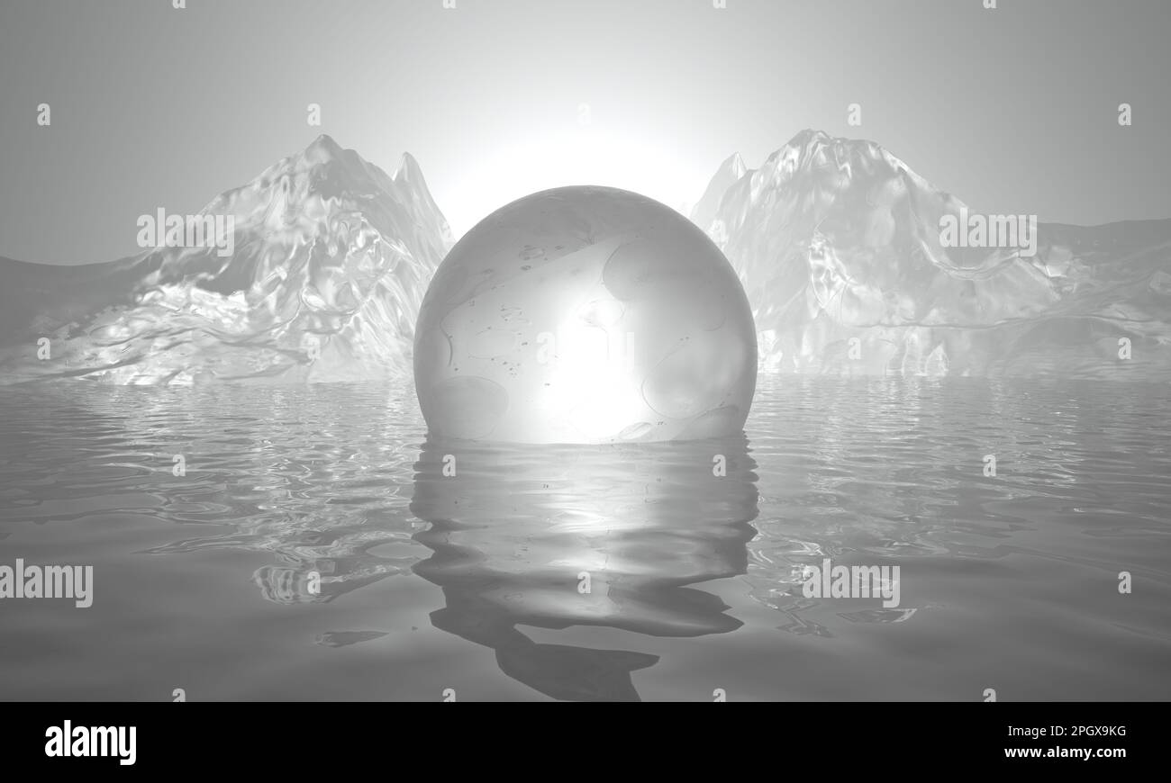 Conceptual 3D Rendered Illustration of melting sphere ice cube in water ...
