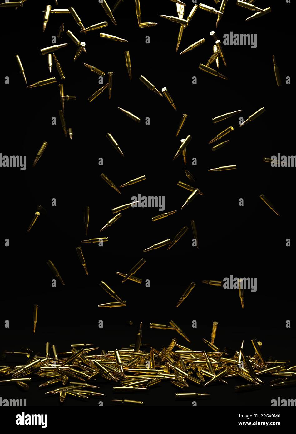 Vertical digital 3D rendering of many rifle bullets falling on a floor ...
