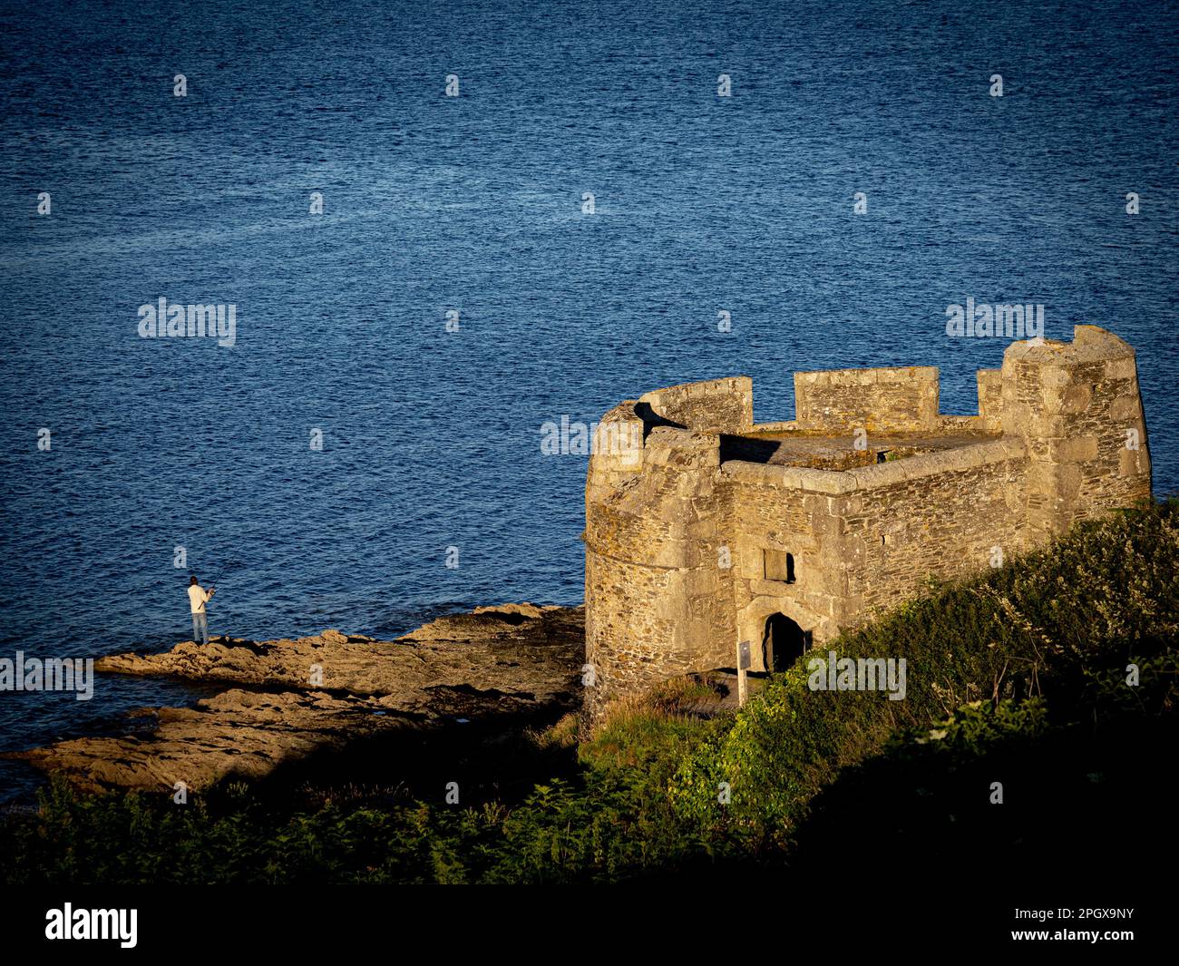 Little Dennis Fort, Man Fishing on Coastline, Pendennis Point, Falmouth ...