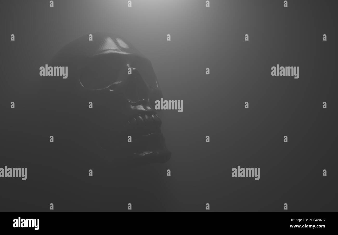 Close up 3D rendered illustration of textured skull off centered in ...