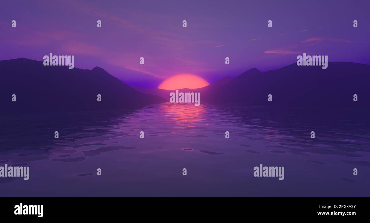 Stylized 3D Illustration of a landscape scenic magenta sunset over ...