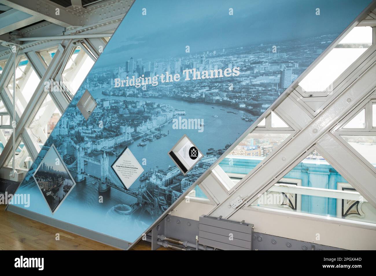 Inside the high level walkway between the two towers of Tower Bridge to allow ourists visiting ...