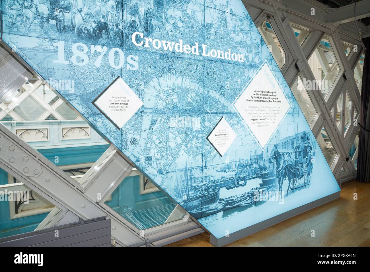 Tourist information displayed signs inside the high level walkway ...