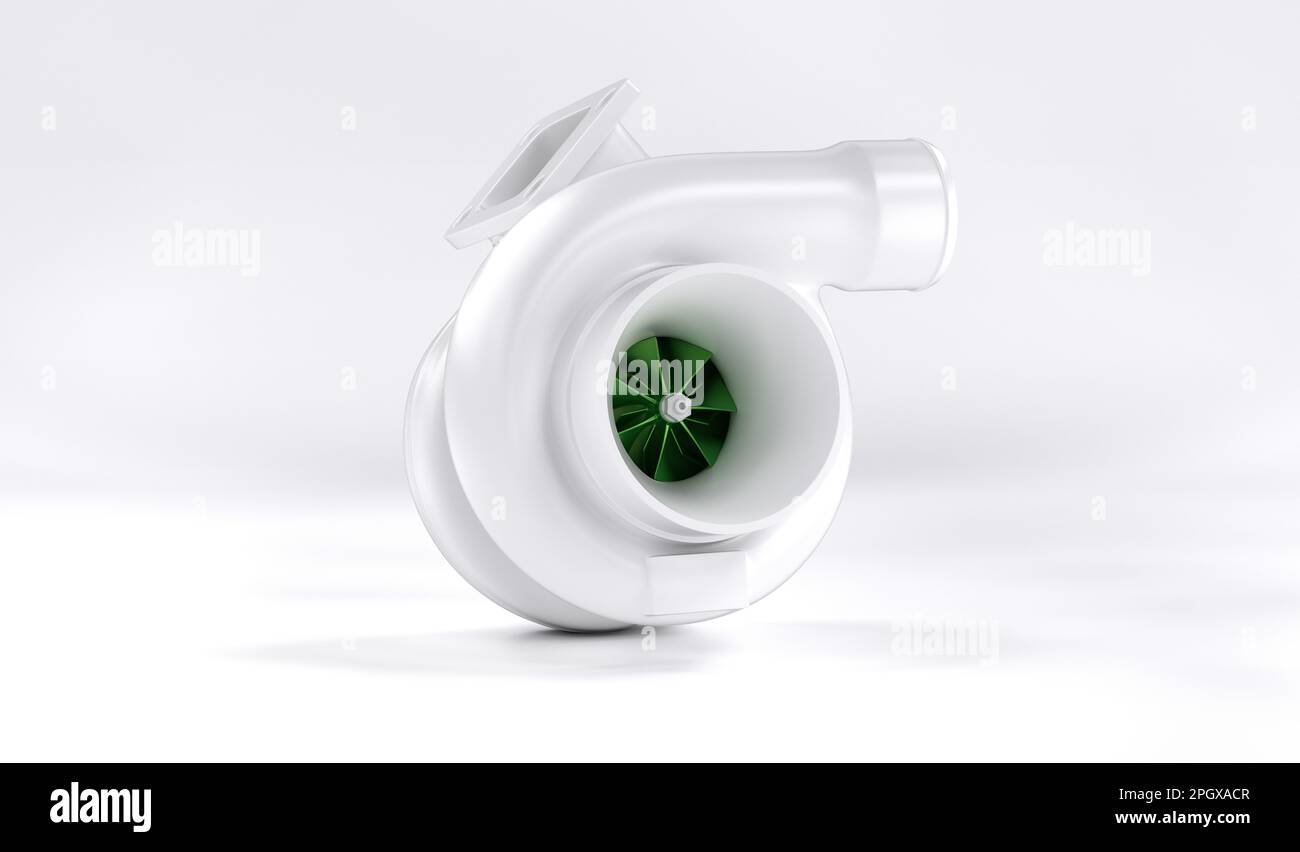 Stylized 3D rendering of a complete turbocharger with anodized green ...
