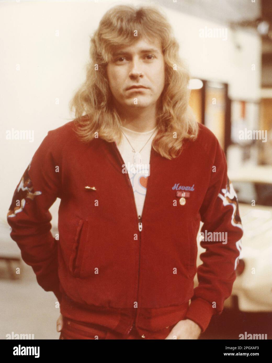 Guitarist Howard Leese of Heart posing outside his dressing room at the ...