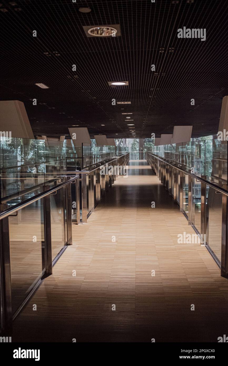 Dark empty corridor in a spooky interior scene with a hardwood floor ...