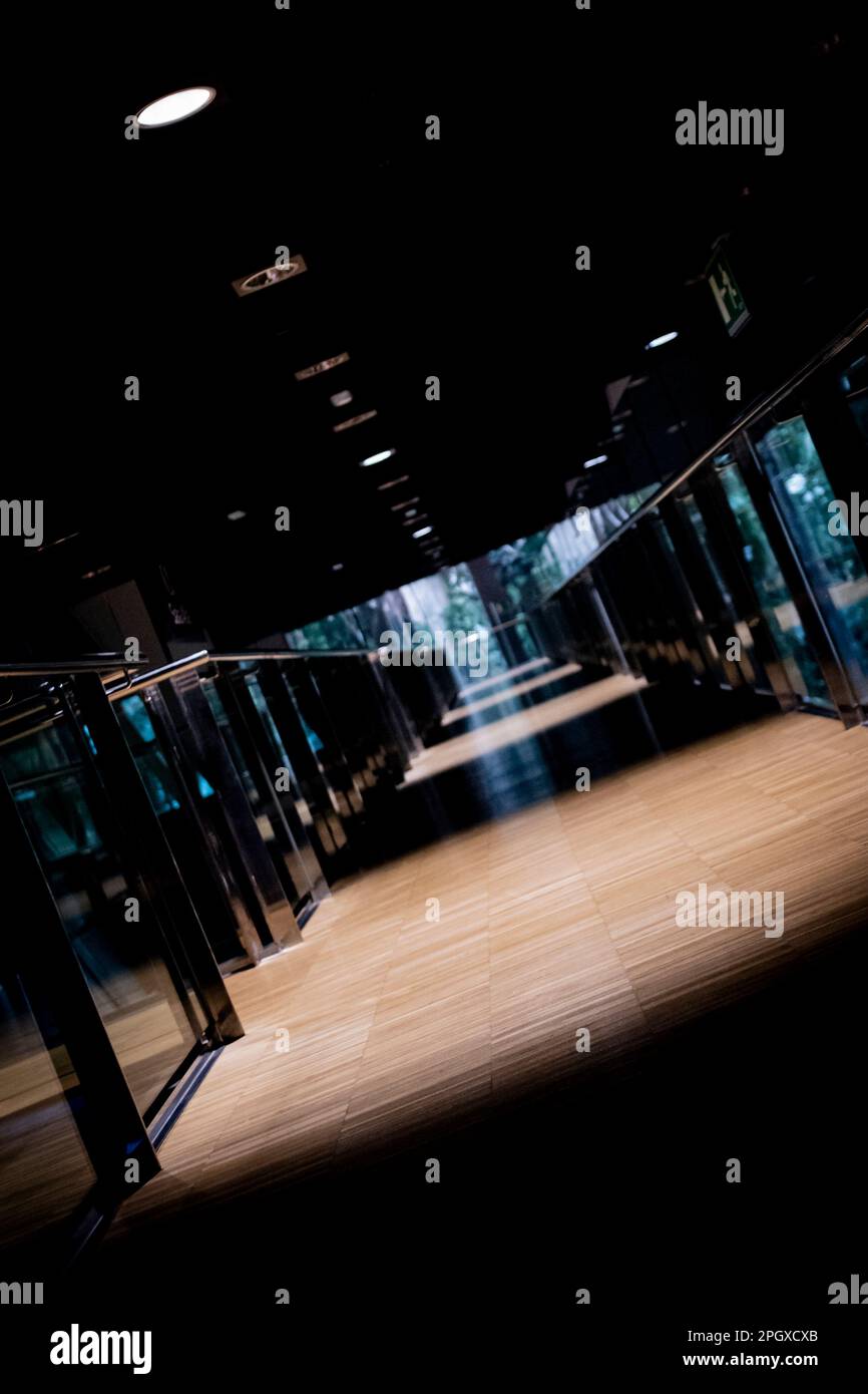 Dark empty corridor in a spooky interior scene with a hardwood floor ...