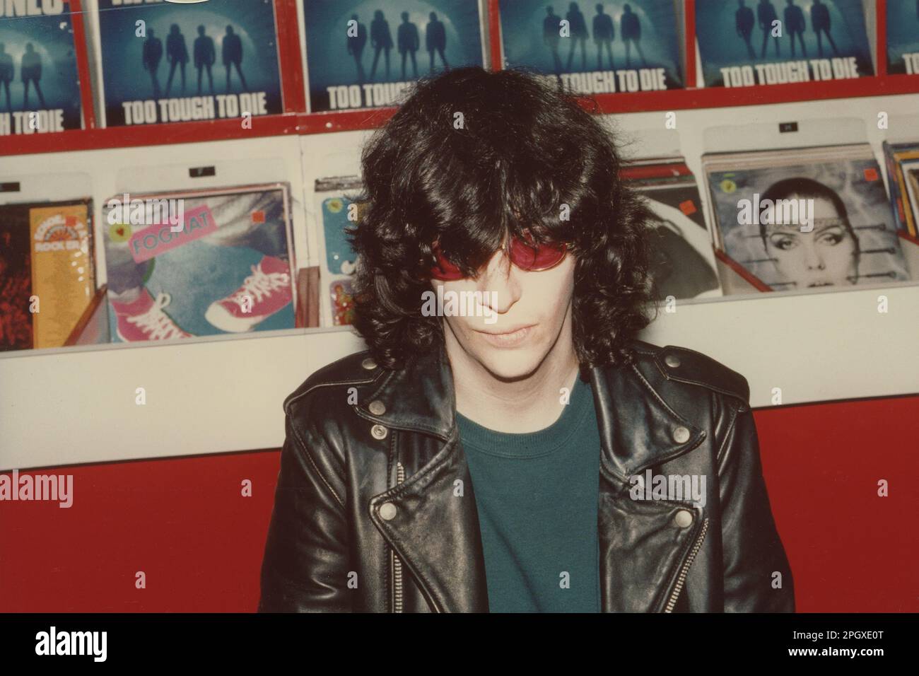 Joey Ramone of the Ramones, inside Strawberries Records in downtown ...