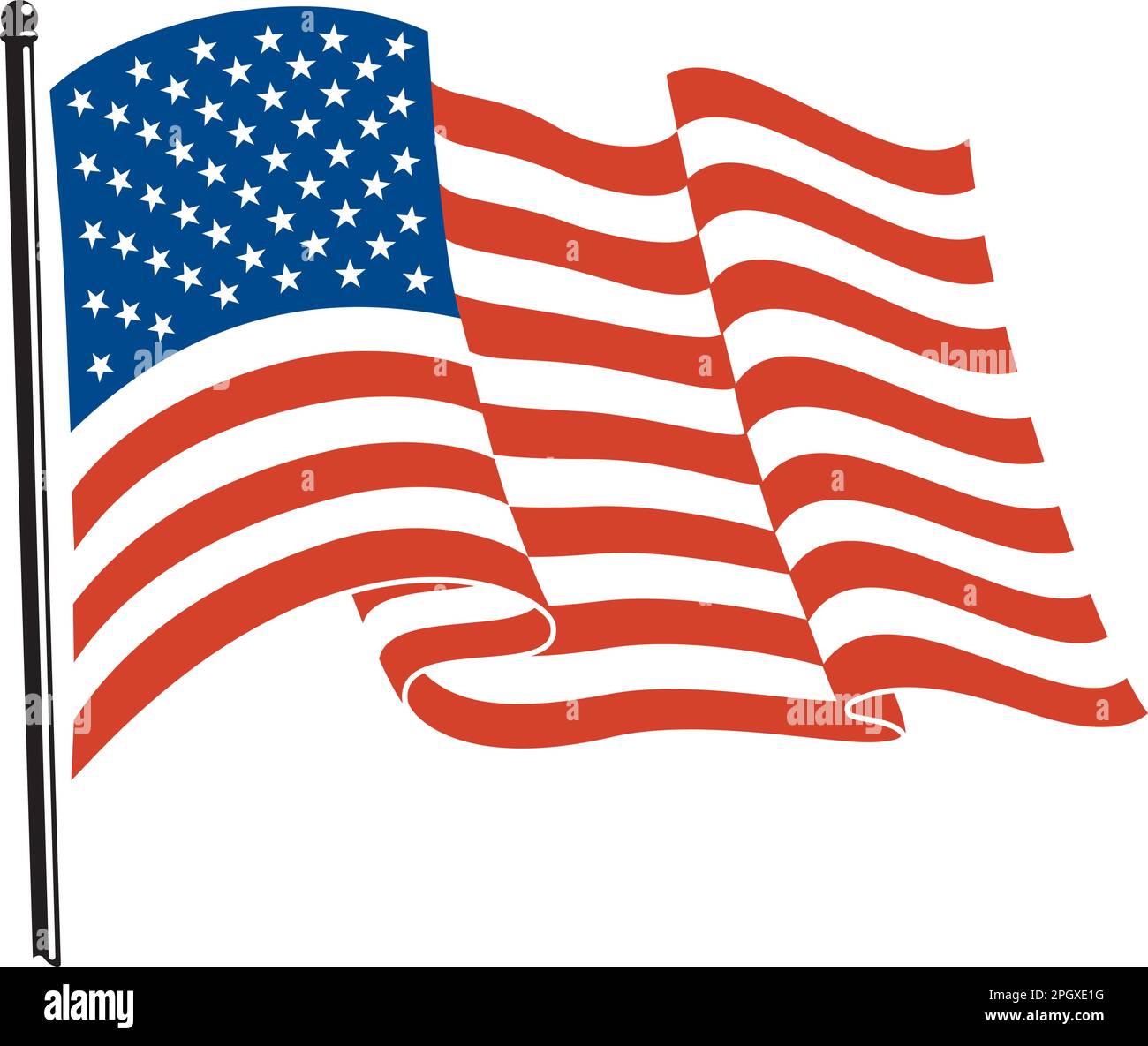 American Flag in 3 flat Colors waving from flagpole. All vector line ...