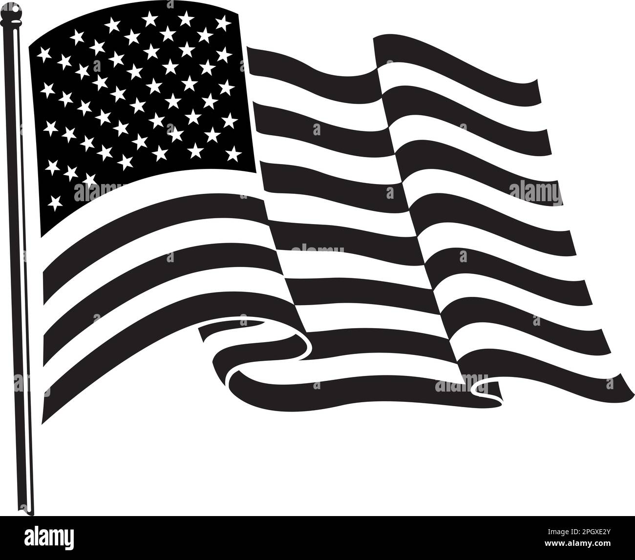 American Flag waving from flagpole, 1/c black, all vector line art ...