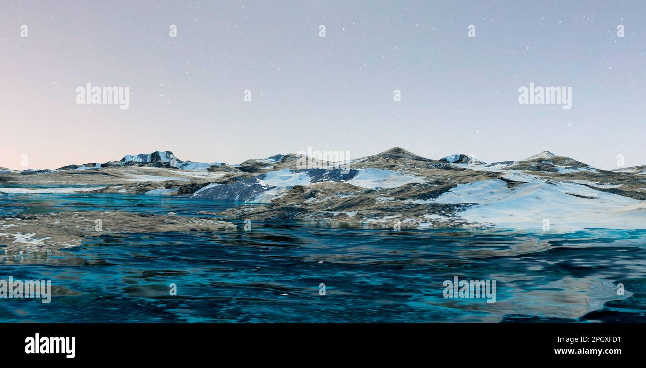 Arctic 3D rendered illustration of Snow covered rocky landscape with ...