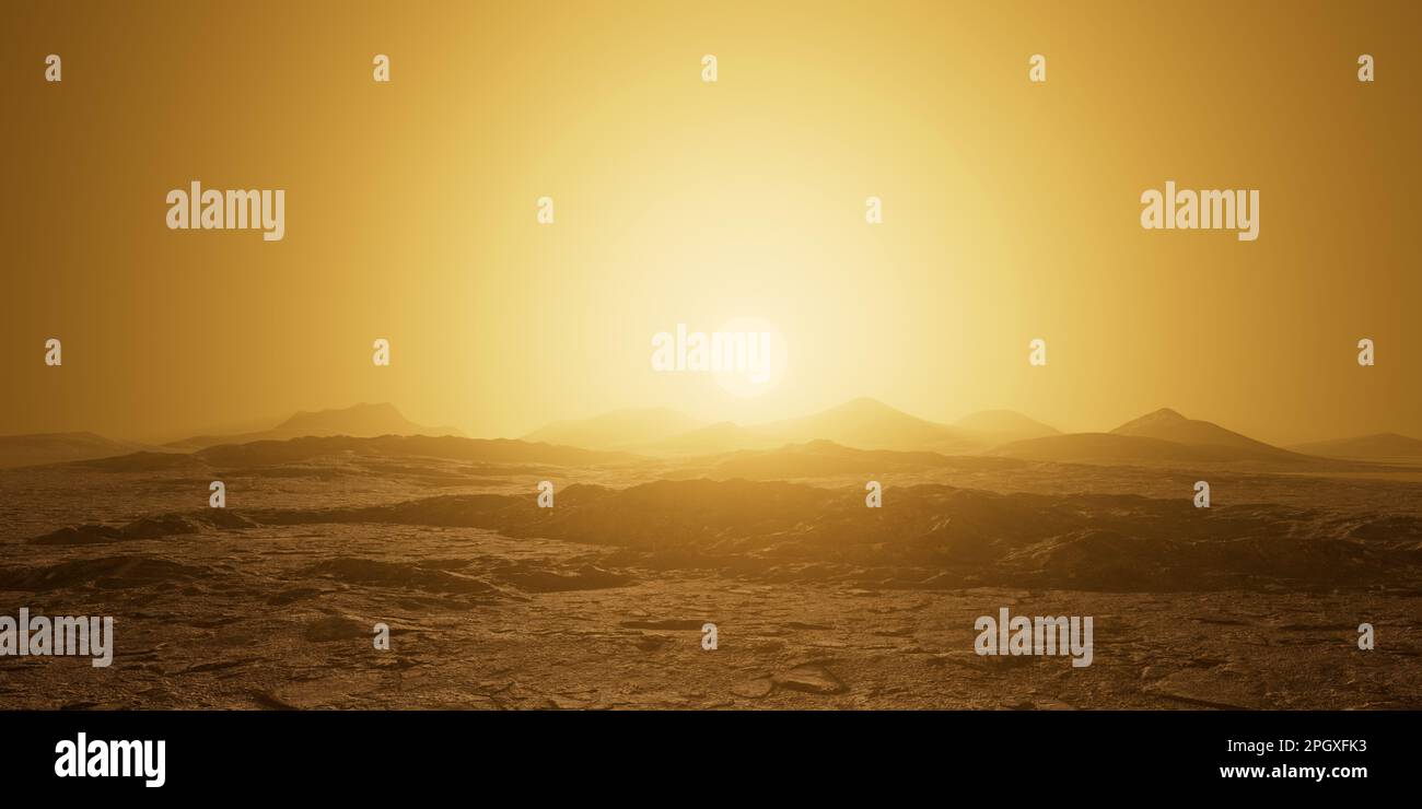 Wide angle 3D desert landscape rendering with glowing sun and haze ...