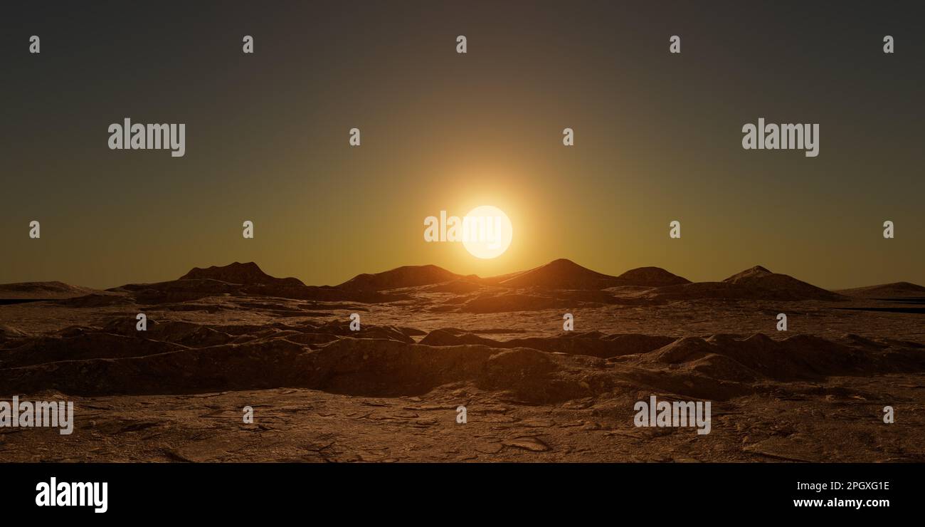 Wide angle 3D desert landscape rendering with glowing sun Stock Photo ...