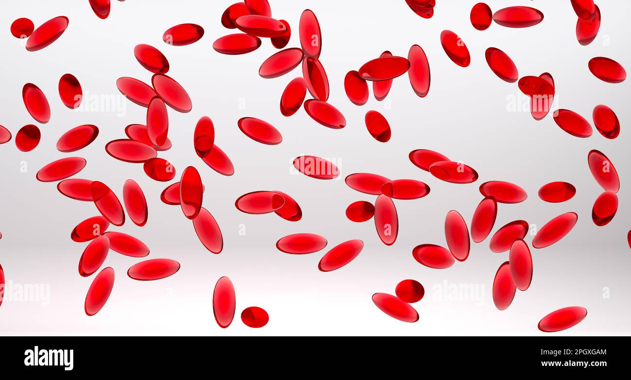 Many 3D rendered red gel pill tablets falling over white background ...