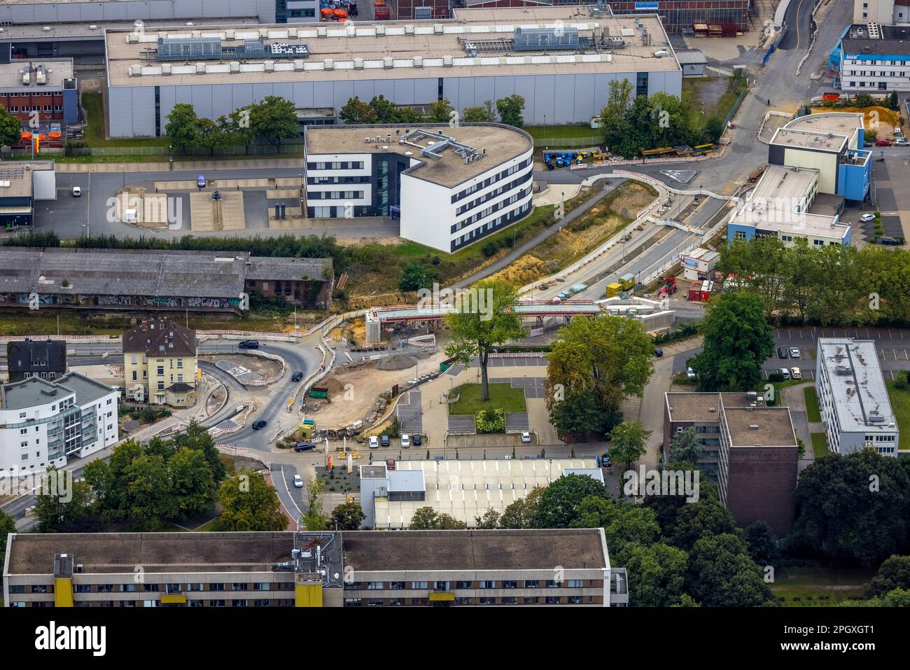 Aerial view, construction site and renovation of the Pferdebachstraße ...