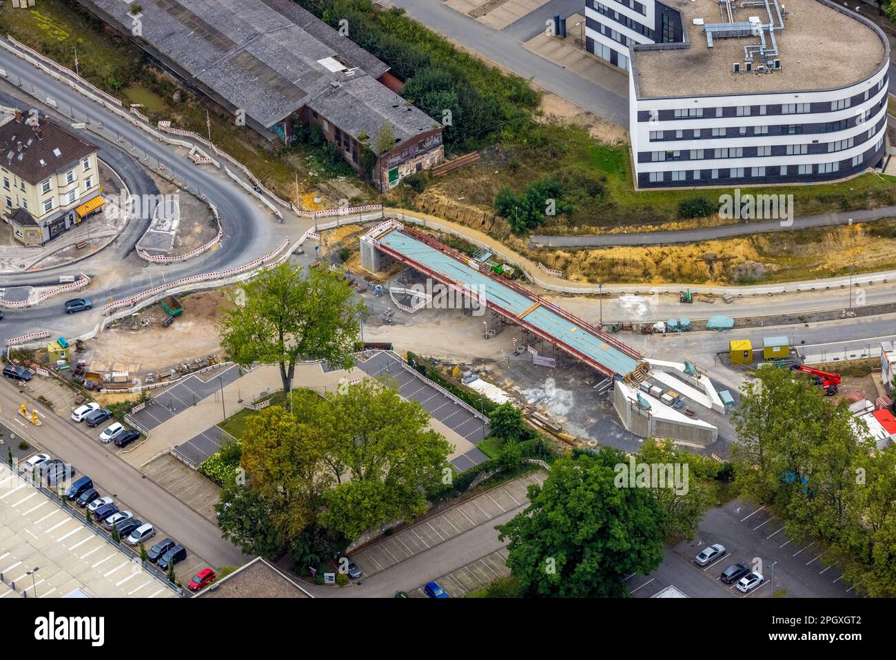 Aerial view, construction site and renovation of the Pferdebachstraße ...