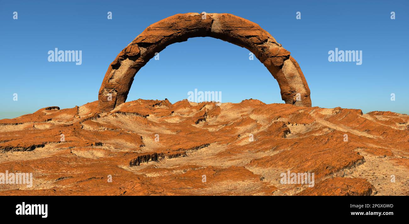 3D illustrated desert landscape with rock arch formation with a clear ...
