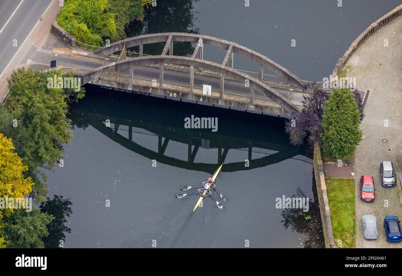 Aerial view, kayaker under bridge at Hohenstein hydroelectric power ...