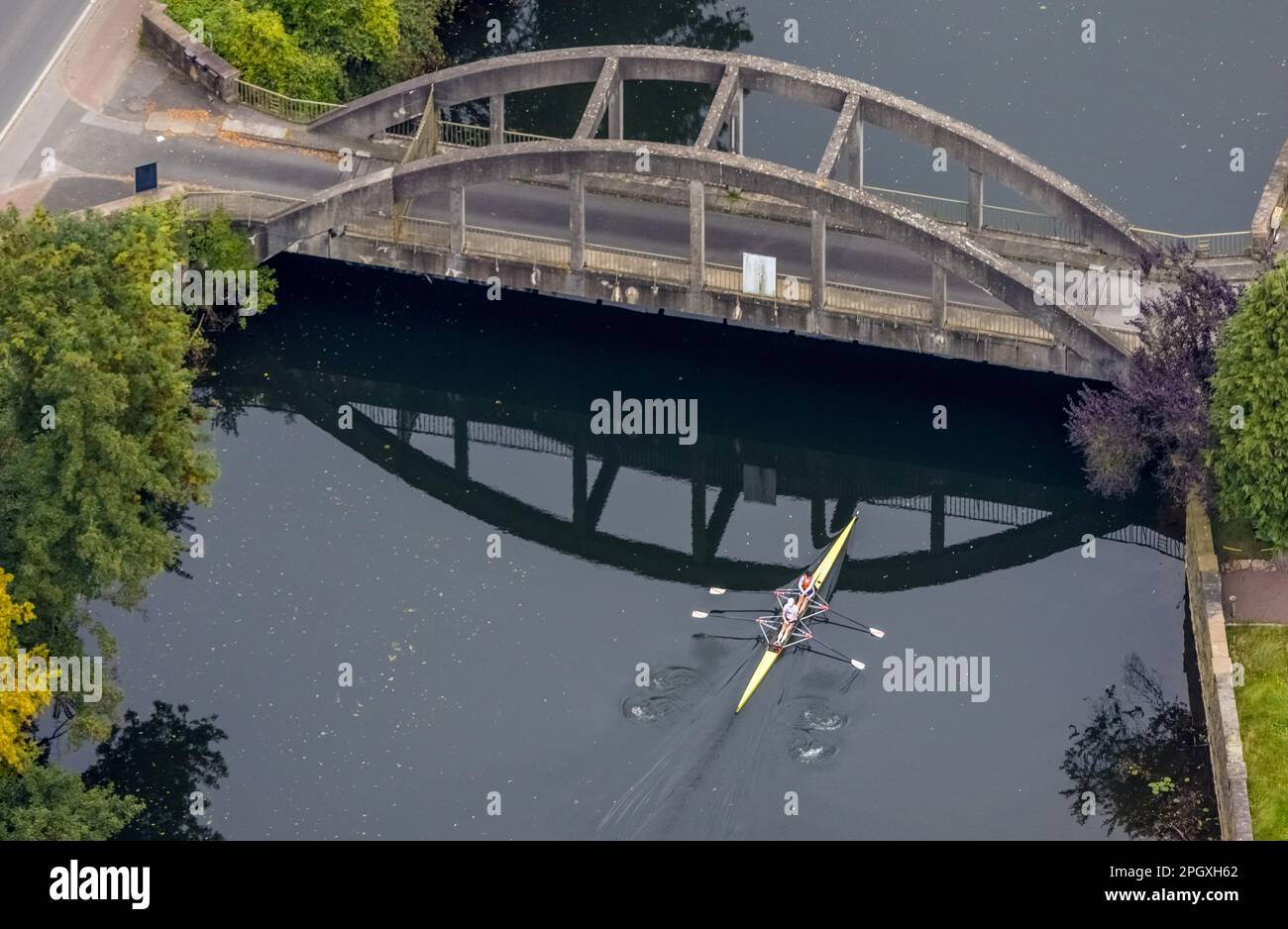 Aerial view, kayaker under bridge at Hohenstein hydroelectric power ...
